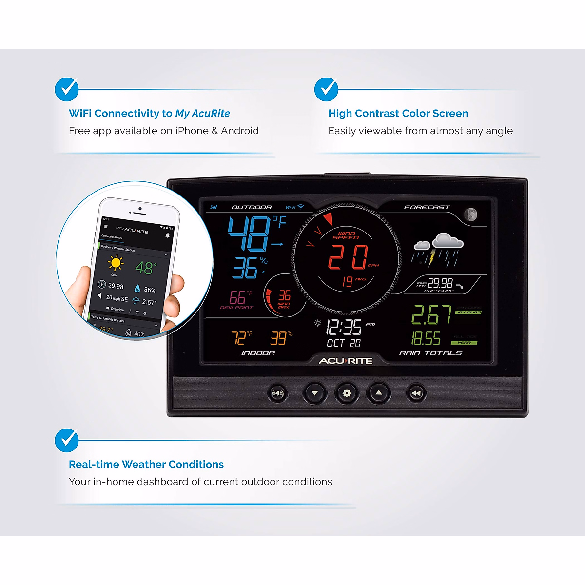 AcuRite Iris (5-in-1) Weather Station Display, Remote Monitoring of Temperature, Humidity, and Wind Speed/Direction (01544M) Wi-Fi Connection for Home (01544), Black