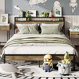 LIKIMIO Full Bed Frame, Platform Bed Frame Full with 2-Tier Storage Headboard and Strong Support Legs, More Sturdy, Noise-Free, No Box Spring Needed, Rustic Maple