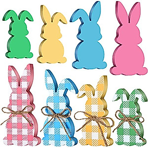 4 Pcs Easter Table Wooden Signs Bunny Shaped Freestanding Centerpiece Signs Buffalo Plaid Tiered Tray Wood Easter Bunnies Reversible Double Printed Bunny Table Decor with Jute Rope for Easter Party