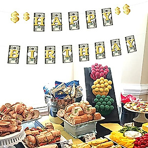 YiiiGoood Money Theme Decoration KIT Bill Dollar Signs Birthday Banner & Cupcake Toppers & Crown Set for Birthday Casino Wedding Showers Retirement Anniversary Graduations Party