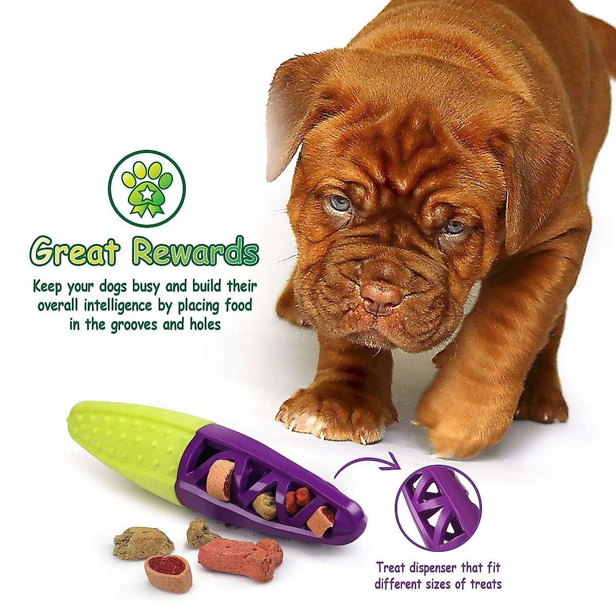 Fluffy Paws – Stick-Shaped Dog Squeaky Toy for Small-Medium Puppy & Dogs | Dental Dog Treat Chew Toy Helps Massage Dogs Gums, Good for Aggressive Chewers | Green/Purple