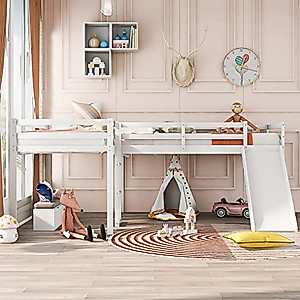 OPTOUGH L Shape Twin Size Loft Bed with Built-in Ladder and Slide,Wooden Low Loft-Bedframe for Kids,Teens,No Spring Box Need,White