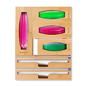 OTLS Storage Bag Organizer for Kitchen Drawer, 6 in 1 Foil and Plastic Wrap Organizer with Cutter, Bamboo Bag Organizer for Drawer with Separate Boxes for Gallon, Sandwich, Quart & Snack