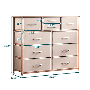 LUMTOK 10-Drawer Dresser, Fabric Storage Dressers Drawers for Bedroom, Hallway, Nursery, Closets, Steel Frame, Wood Top, Easy Pull Handle (Rose Gold)