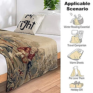 Aubusson Antique French Tapestry Print Flannel Fleece Throw Blankets 50"X40" Lightweight Fluffy Winter Fall Blanket Cozy Soft Fuzzy Plush Home Decor for Couch Bed Sofa Bedroom Living Room Travel