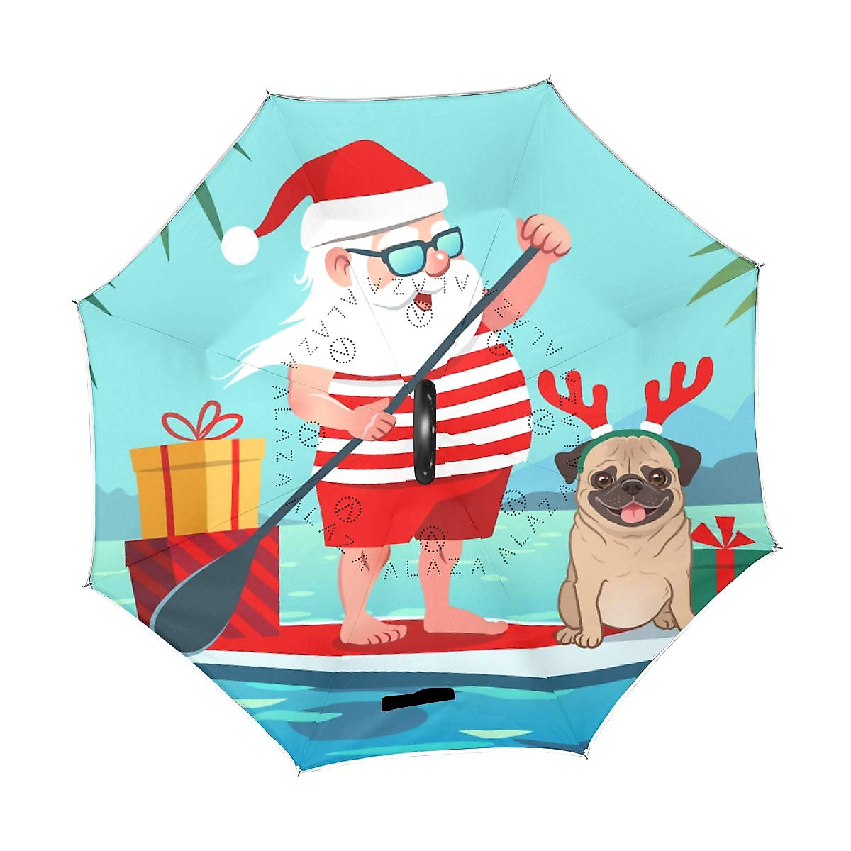 Cute Santa Claus Stand Up Paddle Board With Pug Dog Double Layer Windproof UV Protection Reverse Umbrella With C-Shaped Handle Upside-Down Inverted Umbrella For Car Rain Outdoor