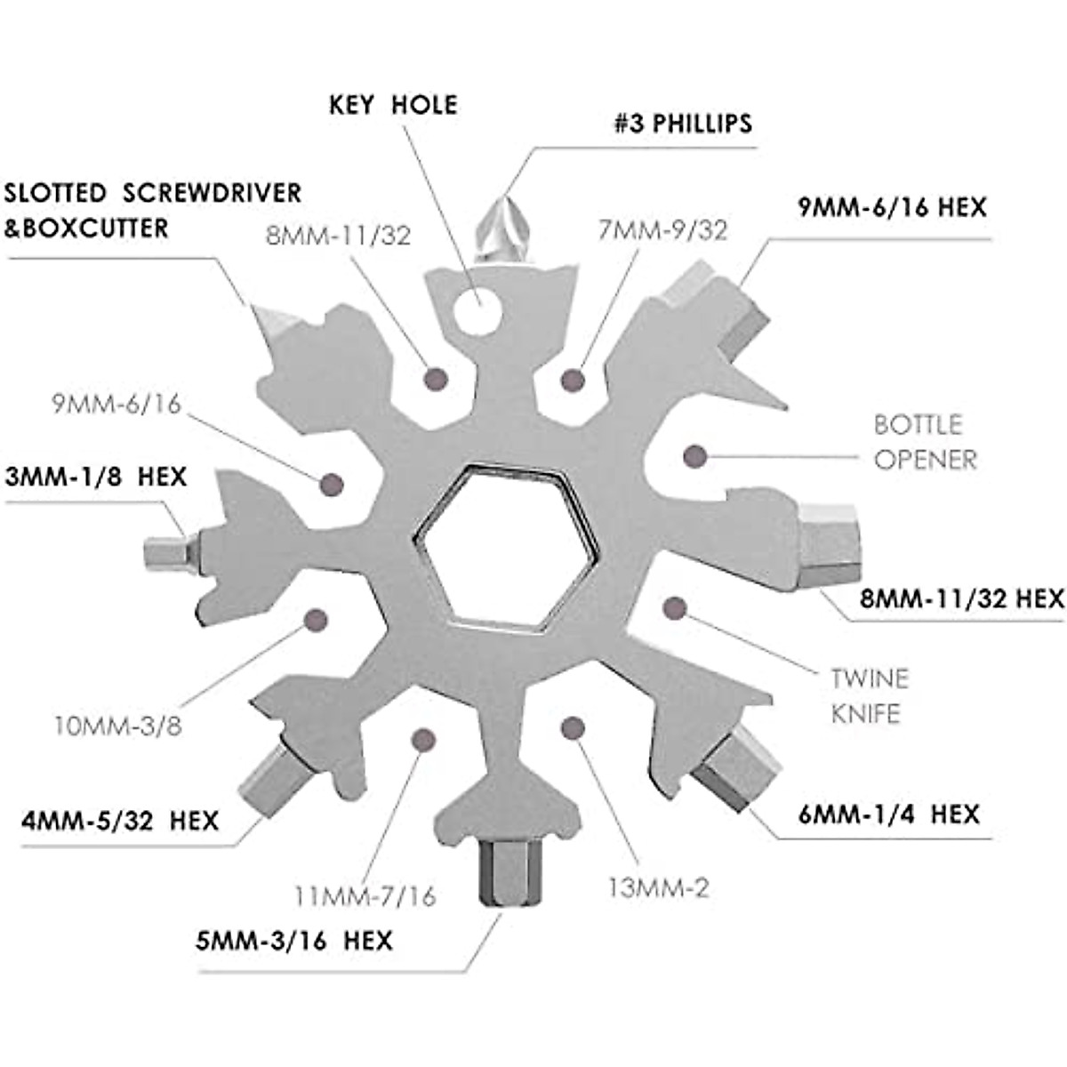 18-in-1 Snowflake Multi Tool, Stainless Steel Snowflake Bottle Opener/Flat Phillips Screwdriver Kit/Wrench, Durable and Portable to Take, Great Christmas gift(Standard, Stainless Steel). (Silver)