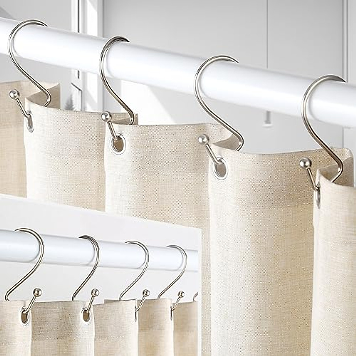 OEH Shower Curtain Hooks, 12 Pcs Shower Curtain Rings, Anti-Fall Metal Nickel Shower Curtain Hooks, S-Shaped Rust Proof Shower Curtain Hooks Rings for Shower Curtain, Bathroom, Matte Nickel