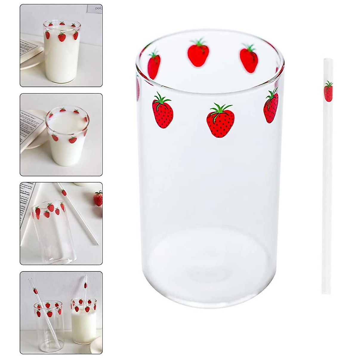 Alipis Glass Water Cup Strawberry Pattern Drinking Cup, Glass Milk Bottle with Straw, Clear Glass Tea Cup Juice Mug for Beverage Beer