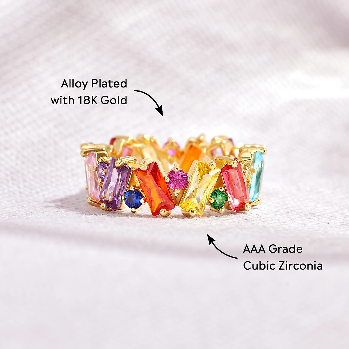 STORYJEWELLERY Story Jewellery Rainbow Ring for Women, Gold Plated Rainbow Eternity Ring, Baguette Rainbow Ring, Rainbow Jewelry Gifts for Women(G P 07)