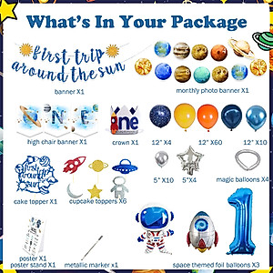 109 PCs First Trip Around the Sun Birthday Decorations, Hombae Outer Space 1st Birthday Decorations Balloon Garland Photo Highchair Banner Crown Poster Cake Topper Astronaut Spaceship Orange Blue
