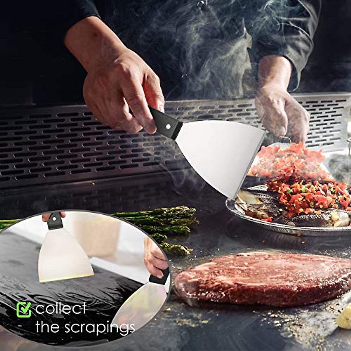 Grill Griddle Scraper Set of 2, Leonyo Stainless Steel Metal Grill Scraper Tool for Flat Top Teppanyaki BBQ, Versatile Scraper for Dough Pancake Pizza Home Baking Cooking, Slant Edge & Dishwasher Safe