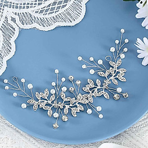 Unsutuo Crystal Bridal Headband Silver Rhinestone Leaves Wedding Hair Vine Pearls Bride Hair Pieces for Women and Girls(Silver)