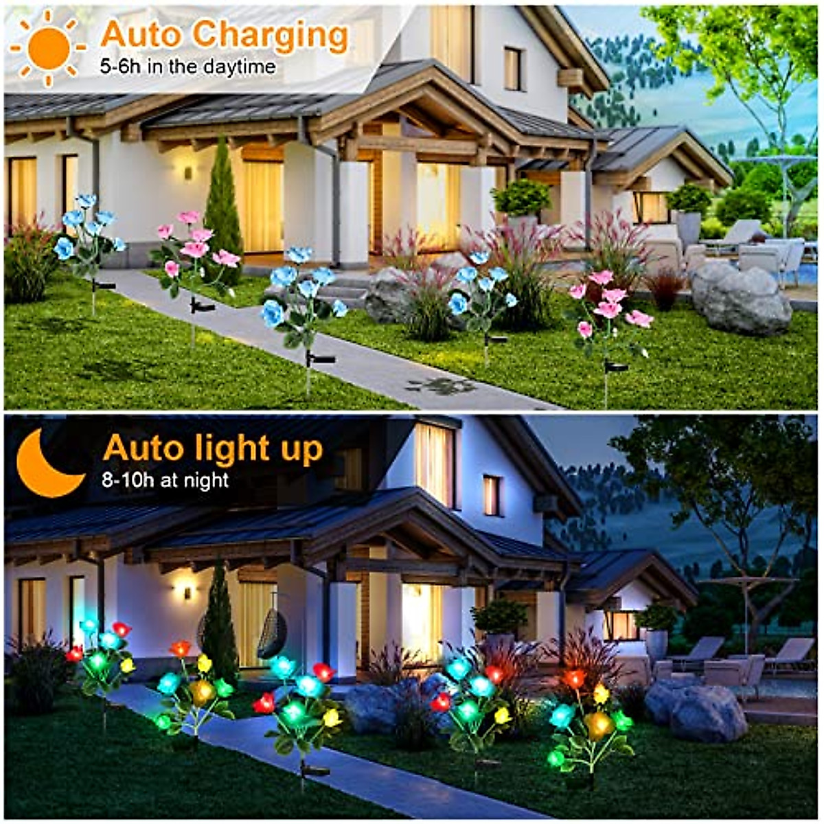 MOLAIER Solar Garden Lights, Solar Lights Outdoor 7 Color Changing Rose Lights Waterproof Outdoor Lights Solar Powered with Flowers, Garden Decor for Patio Yard Pathway, (2 Pack, Blue and Pink)