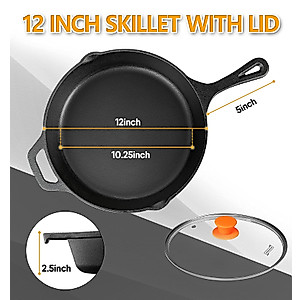 MICHELANGELO Cast Iron Skillet, 12 Inch Cast Iron Skillet With Lid, Preseasoned Large Skillet Oven Safe, Iron Skillets for Cooking with Silicone Handle & Scrapers - 12 Inch