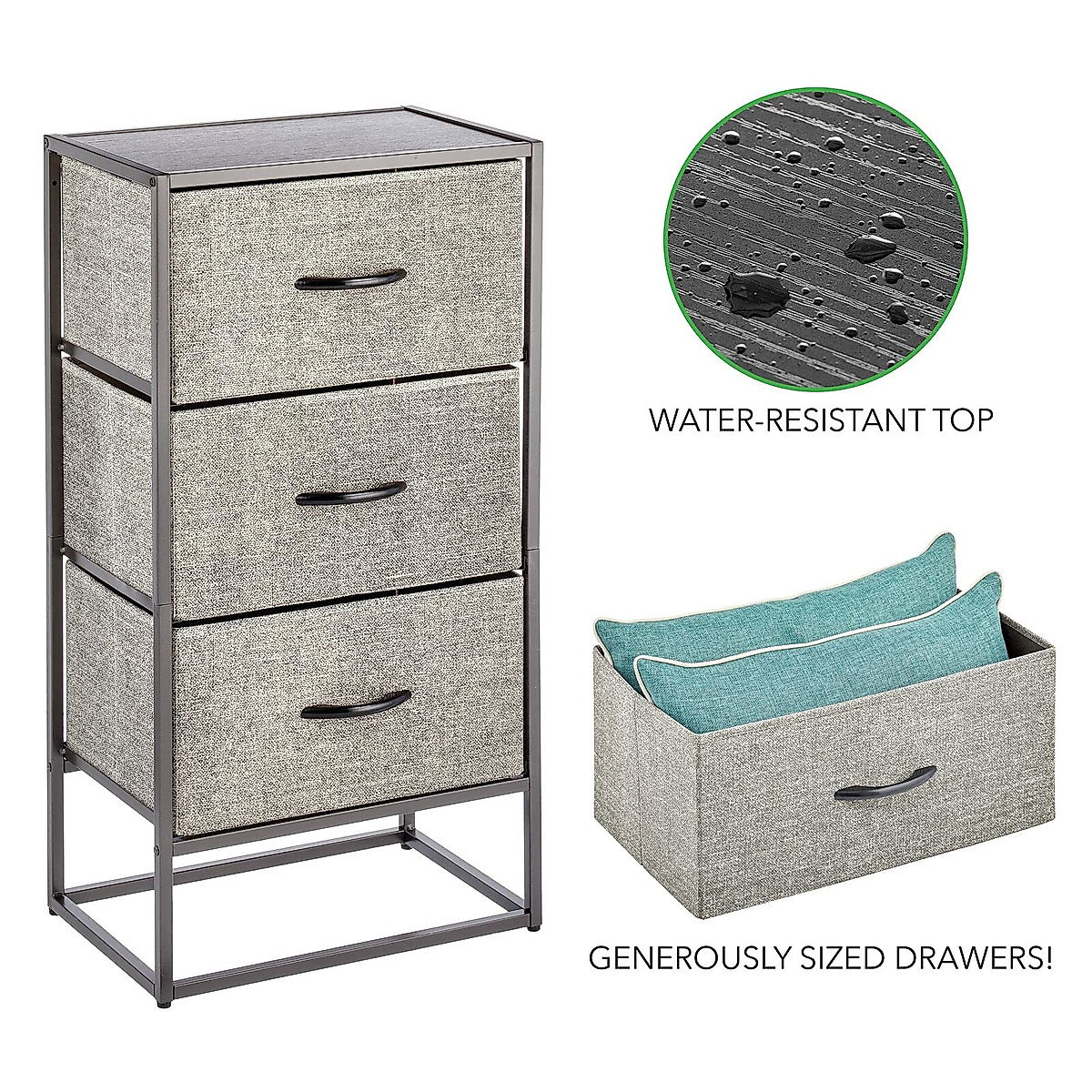 mDesign Modern 3-Drawer Dresser Storage Tower - Sturdy Steel Frame, Wood Top, Wood Handles/Fabric Bins - Organizer Unit for Bedroom, Hall, Entryway, Closets - Margot Collection - Black/Graphite Gray