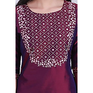 DREAMANGEL FASHION Womens Art Silk Embroidered Kurta Trouser and Dupatta (X-Large, DarkPurple)