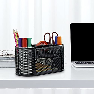 Neudeco Desk Organizers Mesh Desktop Office Supplies Multi-functional Caddy Pen Holder Stationery with 8 Compartments and 1 Drawer + Stapler with 1000 Staples Combo for Office Home School Black