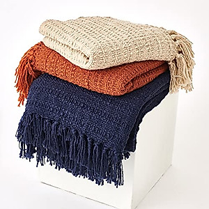 PANDATEX Thick Chunky Navy Blue Knitted Throw Blanket for Couch Chair Sofa Bed, Chic Boho Style Textured Basket Weave Pattern Blanket with Decorative Fringe, 50"x60"