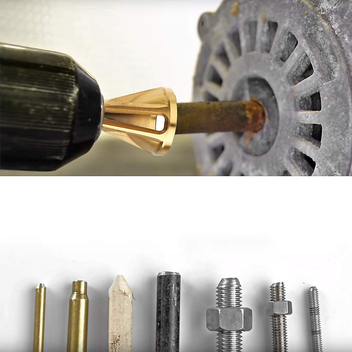 Deburring External Chamfer Tool Remove Burr Repair Drill Bit Bolt External, Quickly Repairs Damaged Bolts Deburring Outer Chamfer (Golden Hex Shank Six Slots)