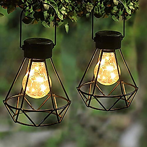 MAGGIFT 2 Pack Hanging Solar Lights, Outdoor Solar Powered Tabletop Lanterns with 15 LED Copper Lights Blub, Waterproof Solar Lantern with Handle for Yard, Lawn, Patio, Garden Decoration, Warm White
