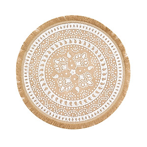 Efavormart 4 Pack | Natural 15" Jute & White Print Fringe Placemats, Rustic Round Woven Burlap Tassel Table Mats