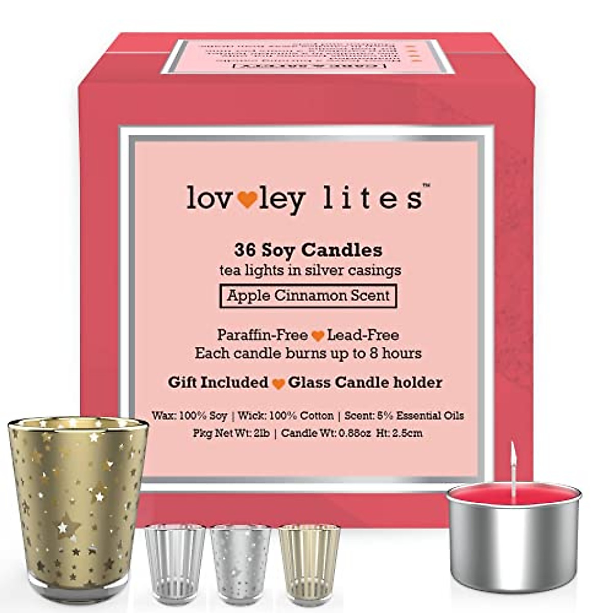 Lovley Lites Soy Tealight Candles Apple Cinnamon - 36 Premium 1 Inch Tall Red Tea Candles, Long Burning Tea Lights Scented with Essential Oils