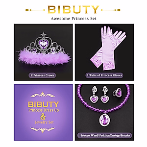 Princess Dress Up Accessories Princess Gloves, BIBUTY 7pcs Dress Up Set for Toddler Girls with Princess Crown, Wand, Gloves, Necklace, Earrings, Bracelet and Ring, Costume Toys for 3-6 yr Little Girls