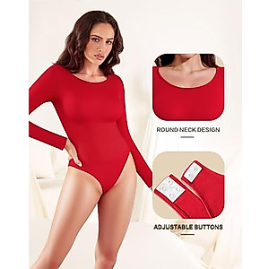 CLOZOZ Ribbed Long Sleeve Bodysuits for Women Shapewear Tummy Control Round Neck Red Body Suits
