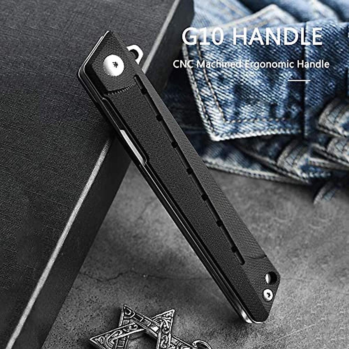 edcfans Pocket Folding Knife with G10 Handle, Ball Bearing Pivot D2 Steel Tanto Pocket Knife with Locking Liner and Pocket Clip for Everyday Carry, Camping Hunting gifts for Men, Dad