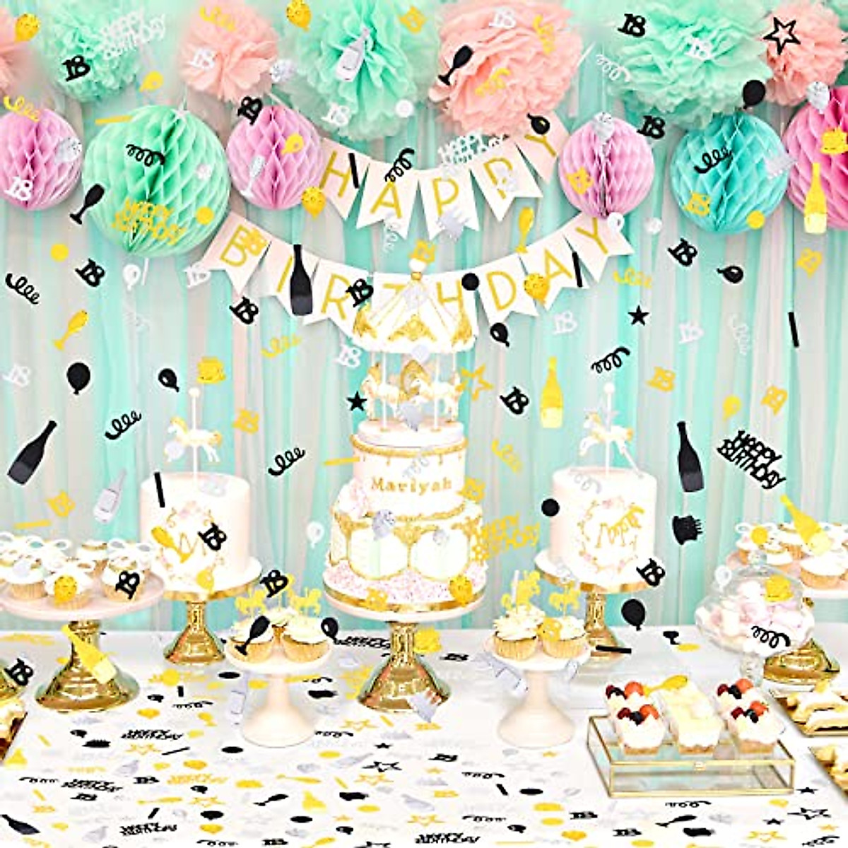 3000PCS Black Gold Silver 18th Happy Birthday Confetti Decorations with Diamonds Black Gold 18th Birthday Party Table Decor Metallic Foil Confetti Scatter for Boys Girls Birthday Anniversary Party DIY