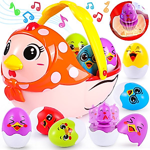 Hekaty Baby Easter Egg Toy Toddler Easter Basket Stuffers for 1 2 3 4 5 Year Old Boy Girl Interactive Chicken Toy Light Easter Gift Party Favor Musical Easter Egg Filler Baby Learning Educational Toy