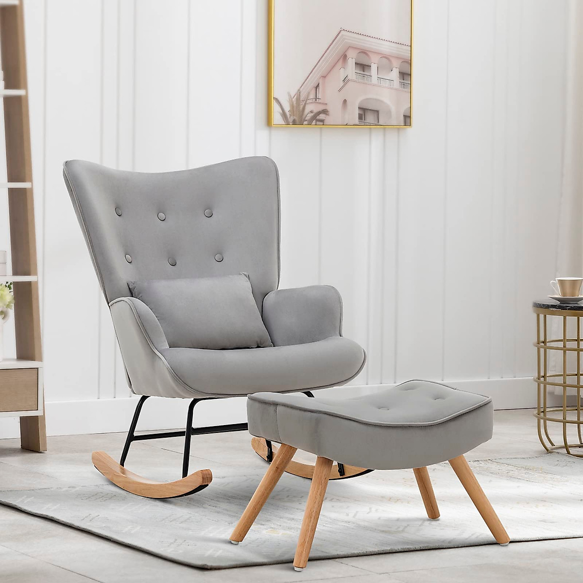 Artechworks Modern Velvet Rocking Chair, Glider Chair with Ottoman Cushion, Nursery Mid Century Upholstered Tufted Chair Rocking Armchair Rocker Accent Chair for Livingroom, Balcony, Grey