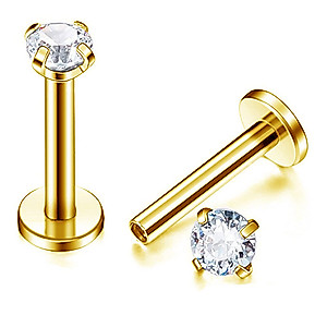 3Pairs 18g Round CZ Labret Cartilage Tragus Monroe Lip Nose Helix Studs Earrings for Women Men Stainless Steel Cubic Zirconia Huggie Stud Fashion Piercing Jewelry Gifts (gold)