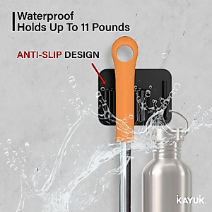 Mop Broom Holder Wall Mounted Heavy Duty No Drill, Adhesive Mop 304 Stainless Steel Mop Hanger Wall Mount Stick on w Hooks for Bathroom Kitchen Closet Garage Garden Organizer with 6 Hooks (Black)