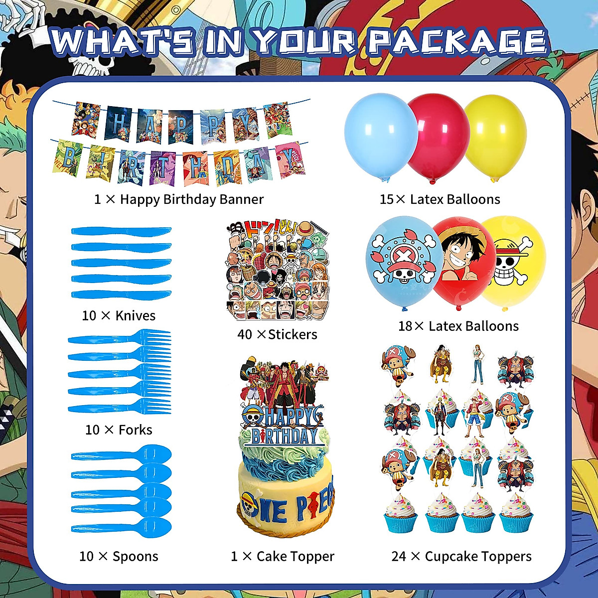 224Pcs Anmie Birthday Party Supplies, Anmie Birthday Party Decorations for 10 Guests, Include Banner, Cake & Cupcake Topper, Swirls, Backdrop, Tablewares, Balloons and Stickers for Kids Party Favors