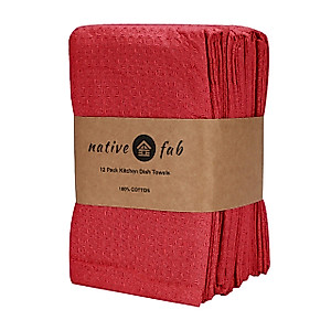 Native Fab Waffle 12 Pack 100% Cotton Kitchen Dish Towels 16x26 Absorbent Durable Washable, Tea Towels, Dish Cloths, Bar Towels, Cleaning Towels, Kitchen Towels with Hanging Loop, Red