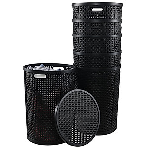 Sosody 50 Liters Black Round Plastic Laundry Hamper with Lid, Large Dirty Clothes Basket, 6 Pack