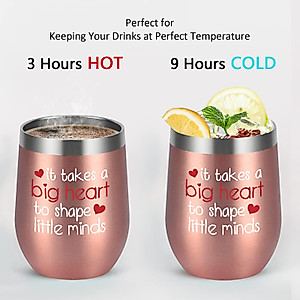 GINGPROUS 2 Pack Teacher Appreciation Gifts in Bulk, It Takes a Big Heart Wine Tumbler Set, Birthday Christmas Teacher Gifts for Teachers Women,12 Oz Stainless Steel Wine Tumbler with Lid, Rose Gold