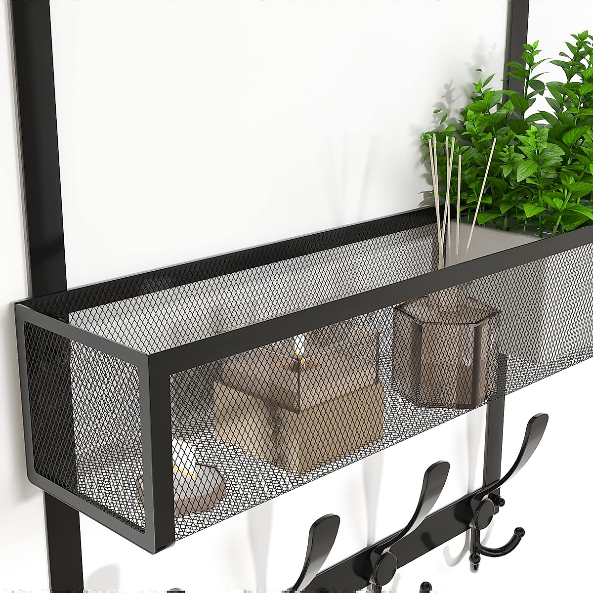 Kaiferty Over The Door Hooks Organizer,Over Door Hanger Towel Rack Mesh Basket with 12 Hooks,Back of Door Storage Organizer for Bedroom,Bathroom,Kitchen,Office(Black)