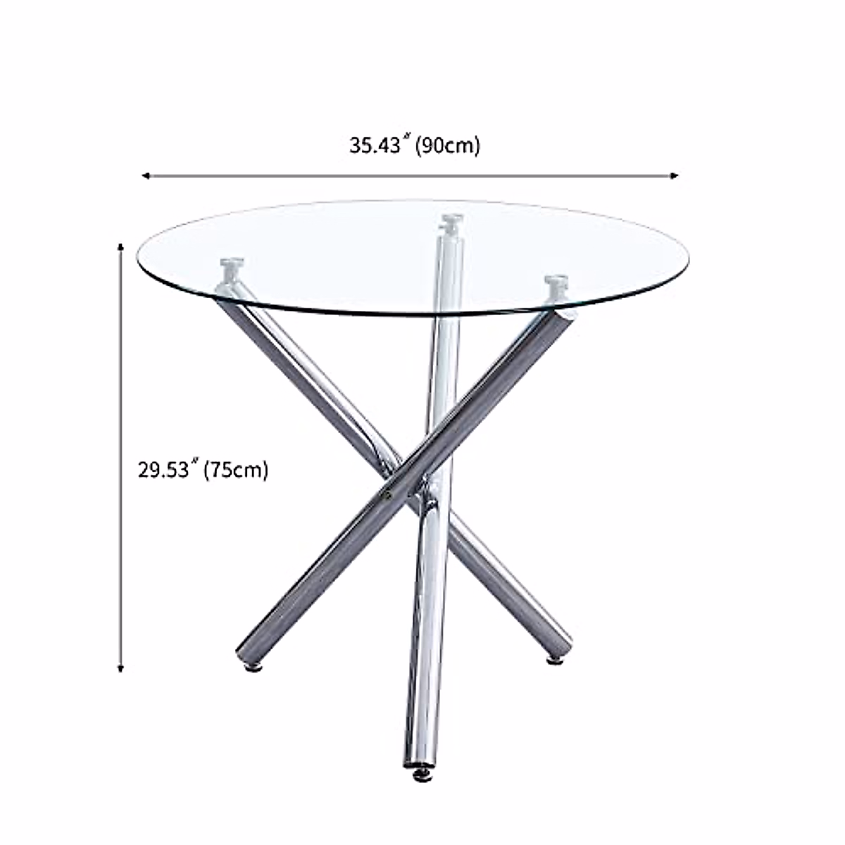 ROOIOME Round Glass Dining Table Set 3 Pieces Dining Table Chair Set for Home Kitchen Round Tripod Chrome Legs Table with 2 PU Chairs, Contemporary Dining Room Furniture Set for Small Space