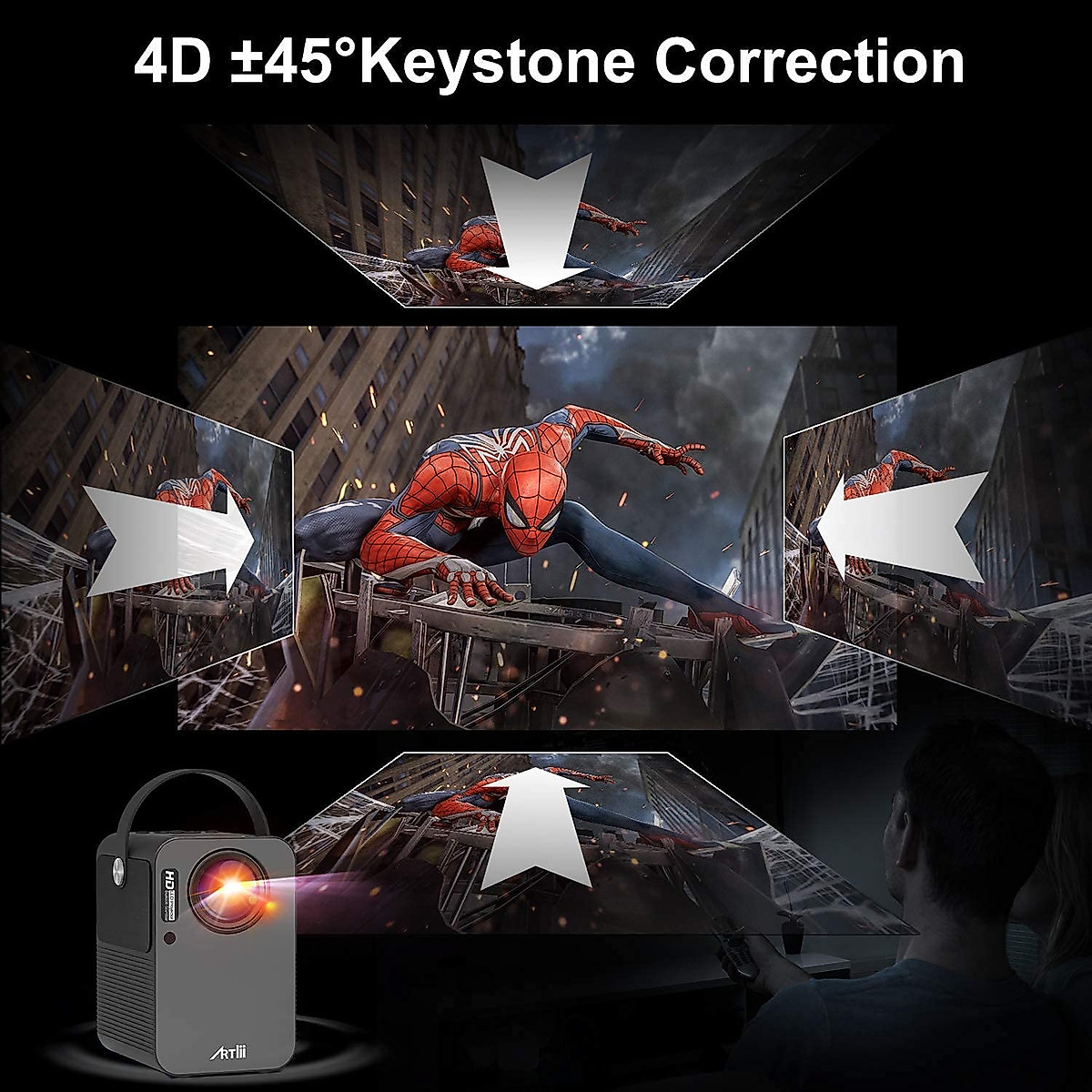 Smart Projector Android TV 9.0, Artlii Play WiFi Bluetooth Projector, Native 1080p Full HD Supported, Stereo Sound, 4D±45° Correction, Outdoor Projector with Built-in Netflix, YouTube, Prime Video