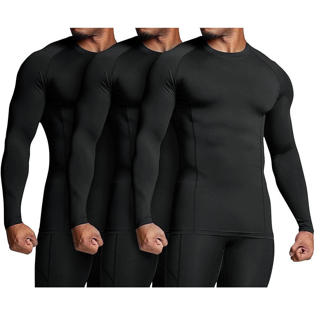 ATHLIO Men's UPF 50+ Long Sleeve Compression Shirts, Water Sports Rash Guard Base Layer, Athletic Workout Shirt, 3pack Black/Black/Black, Large