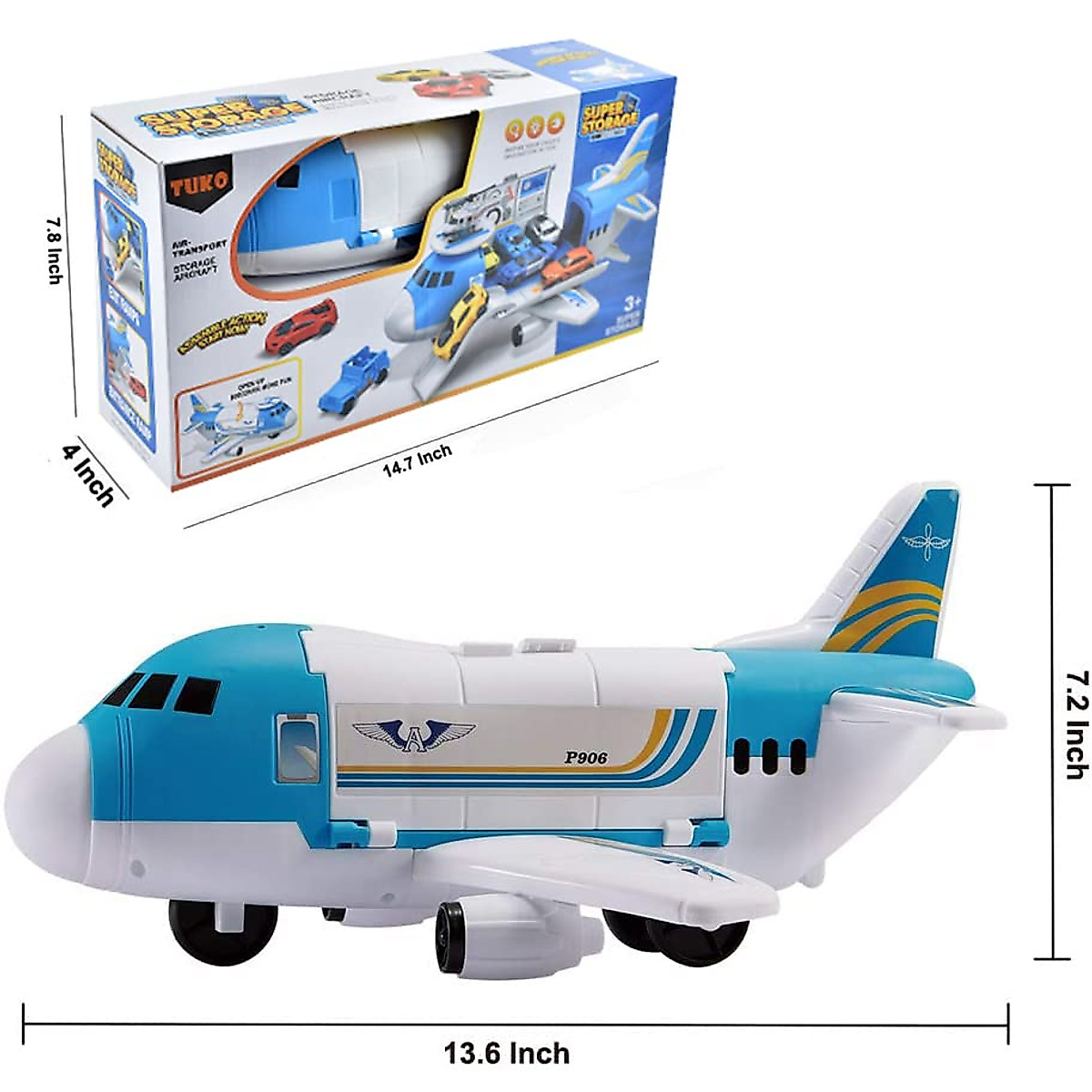 Tuko Transport Cargo Airplane Car Toy Play Set for 3+ Years Old Boys and Girls(Blue)