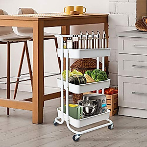 HOUSE DAY 3-Tier Rolling Utility Cart Storage Organization Shelves with Handle and Lockable Wheels Multifunction Storage Trolley Service Cart Easy Assembly for Kitchen, Bathroom, Office (White)