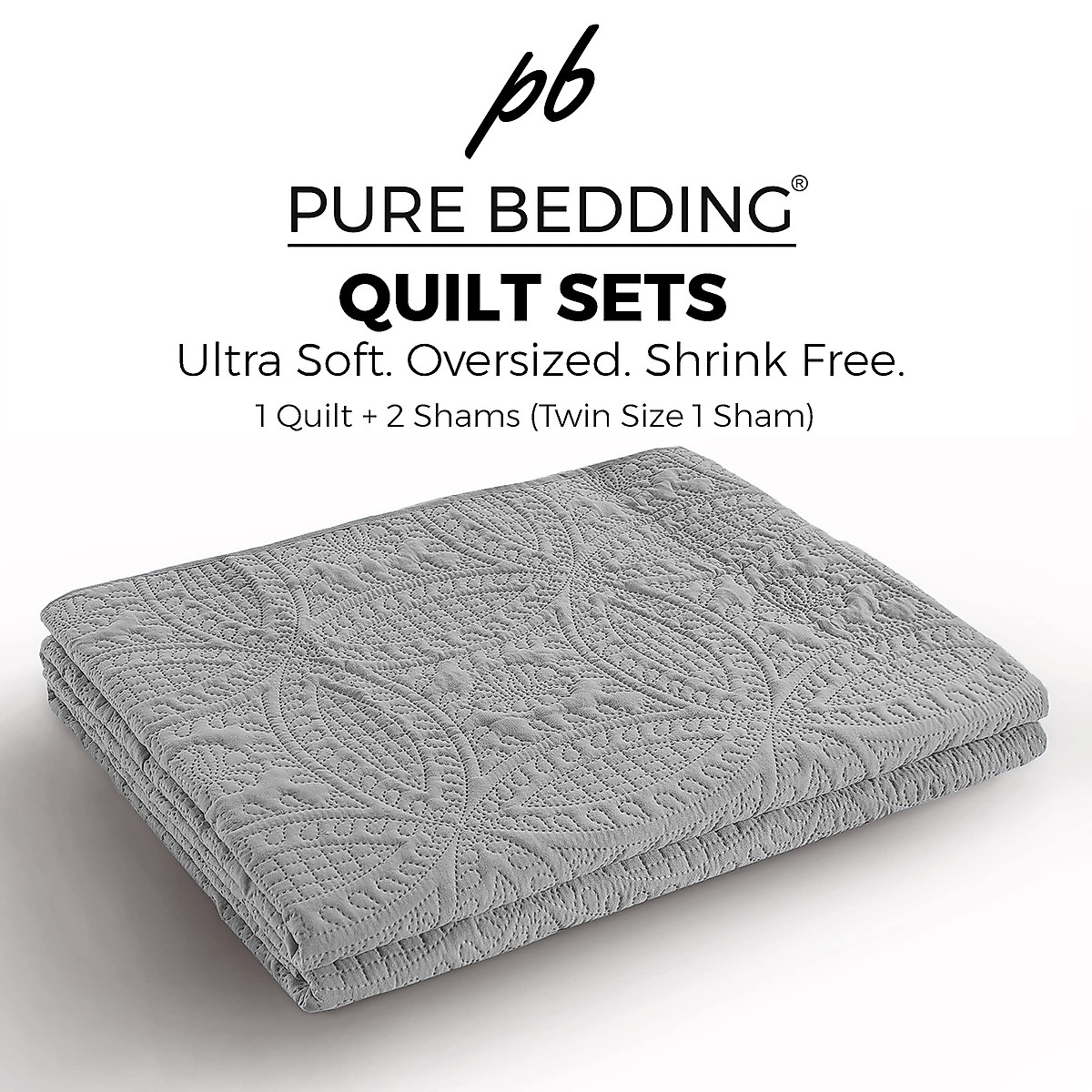 Quilt Set Full/Queen Size Light Grey - Oversized Bedspread - Soft Microfiber Lightweight Coverlet for All Season - 3 Piece includes 1 Quilt and 2 Shams, Geometric Pattern