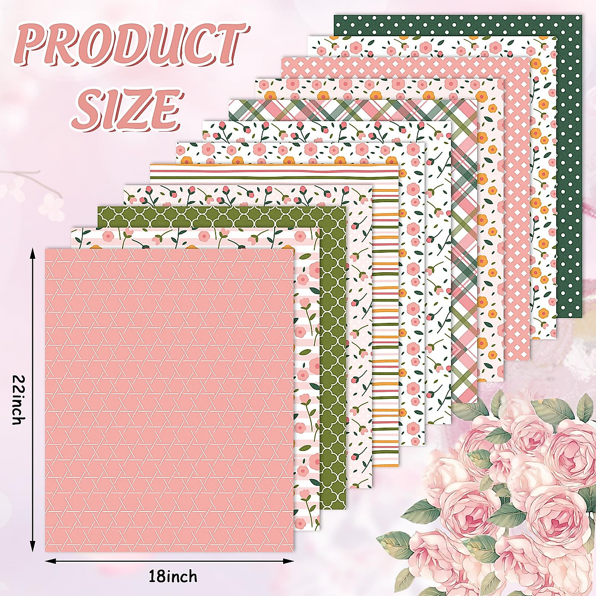 JarThenaAMCS 12Pcs Cotton Fabric Bundles Pink Green Floral Gingham Stripe Dot Fat Quarters Retro Quilting Patchwork for Spring DIY Craft Home Party Decor, 18 x 22 Inch