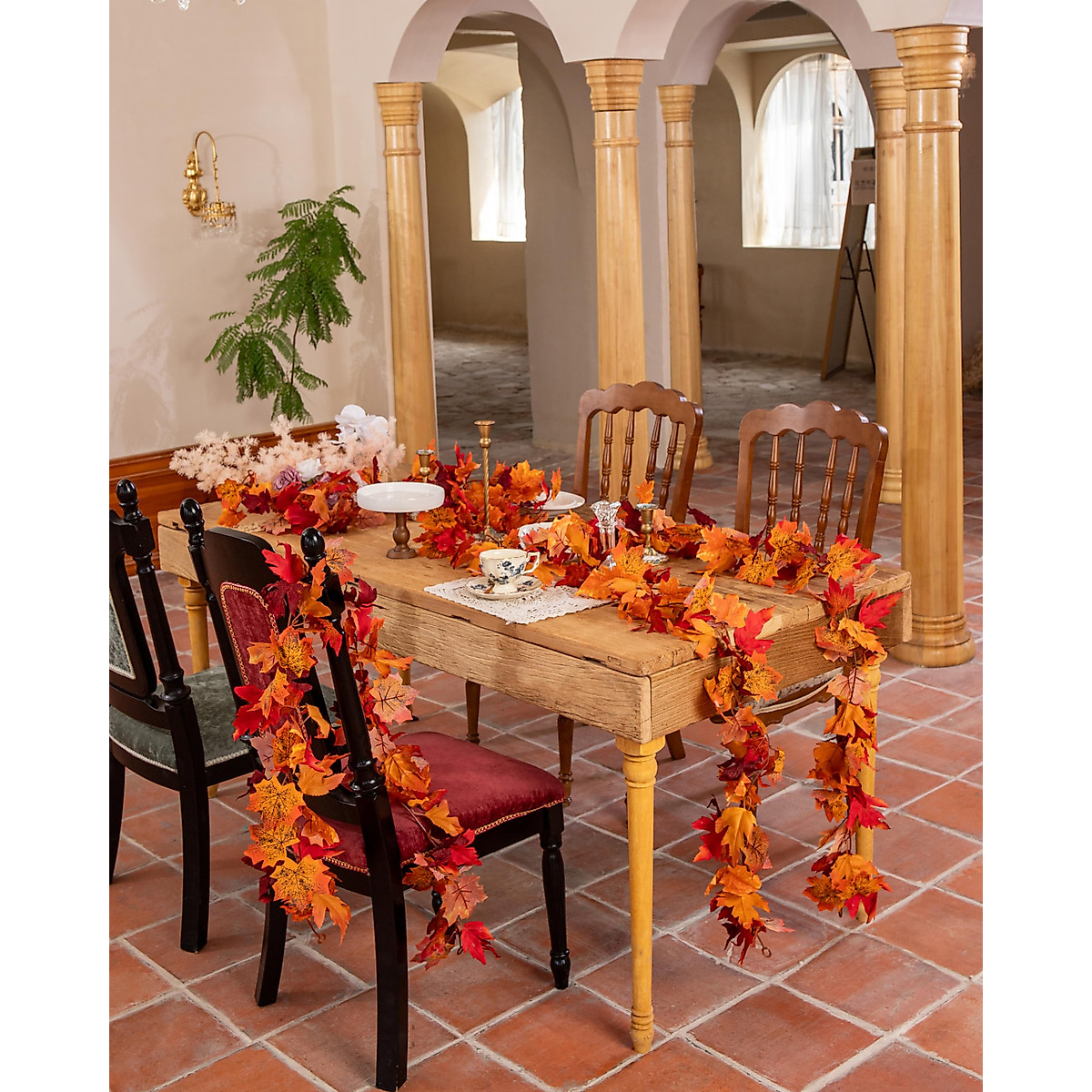 DuHouse 7Pack Fall Maple Leaves Garland 6Ft Hanging Artificial Fall Garland Autumn Leaves Vine for Halloween Thanksgiving Christmas Home Outdoor Decoration