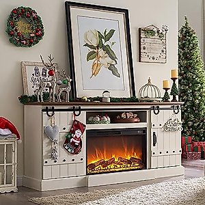 OKD Fireplace TV Stand for 75 80 Inch TV, Farmhouse Entertainment Center with Sliding Barn Doors, Rustic Media Console Table with Storage Cabinets for Living Room, Antique White
