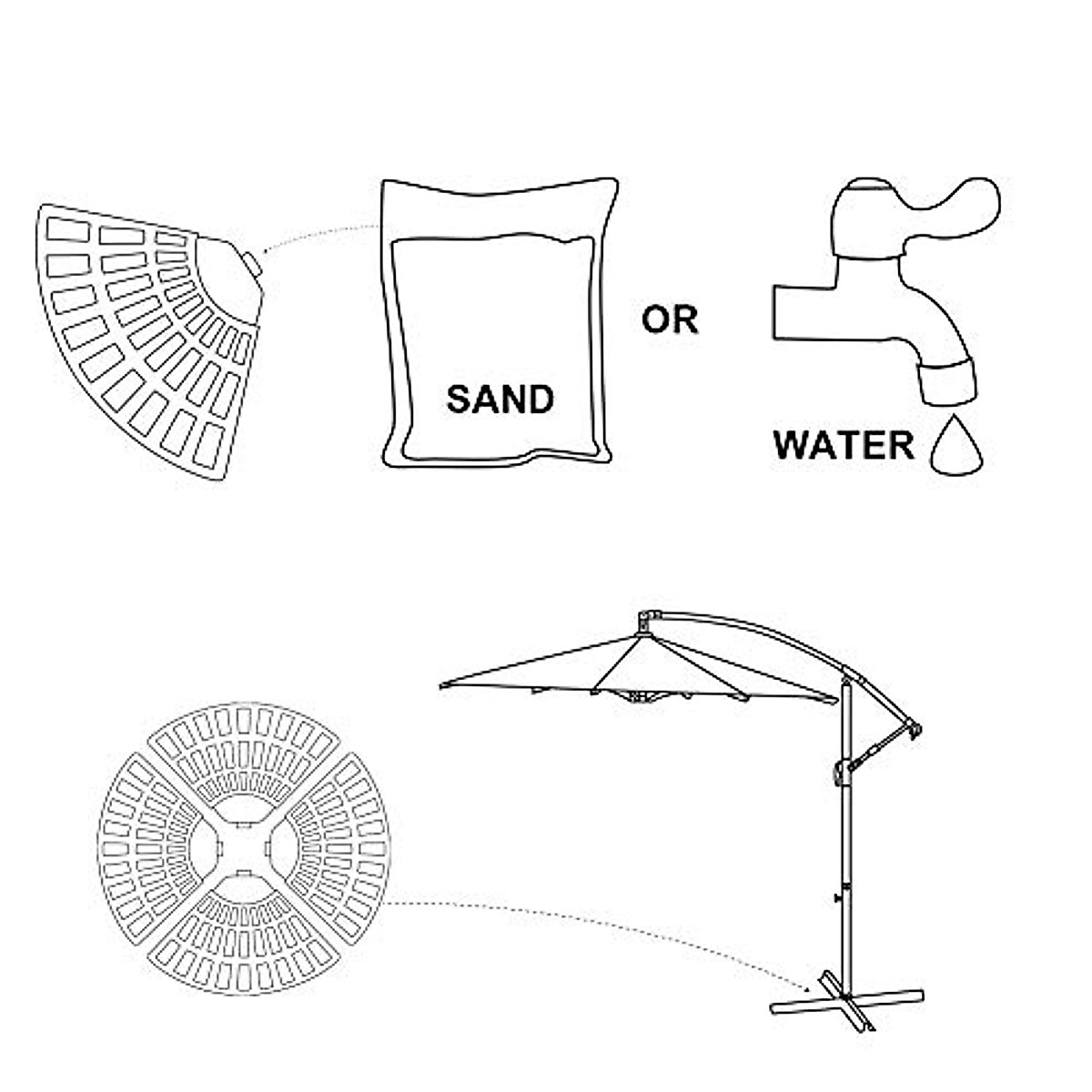 EliteShade USA 4PCS 160 LB Fan Shaped Water or Sand Filled Umbrella Base Stand for Cantilever Offset Patio Market Umbrella with Carry Handles (Black)